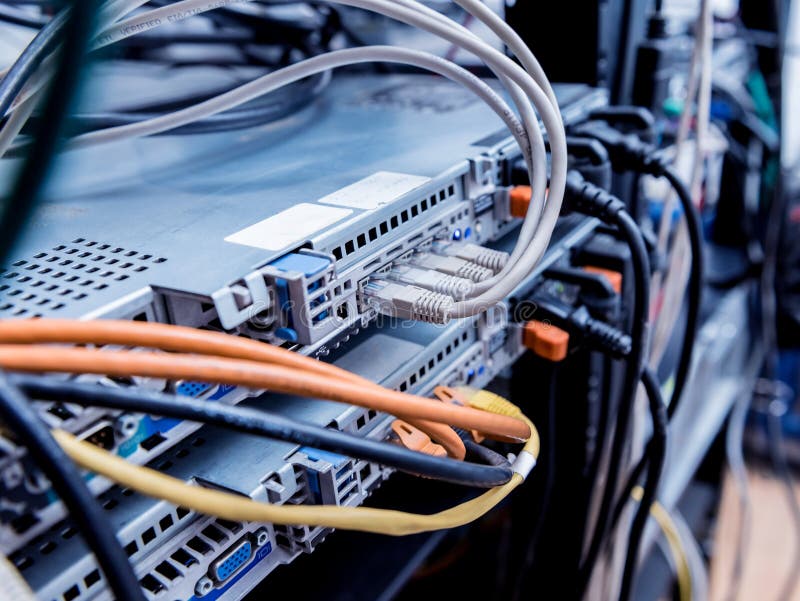 Server Room with Computers for Internet. Network Cables Connected To ...