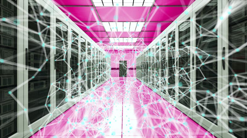 Server Room and Connection Dots in Datacenter, Web Network and Internet ...