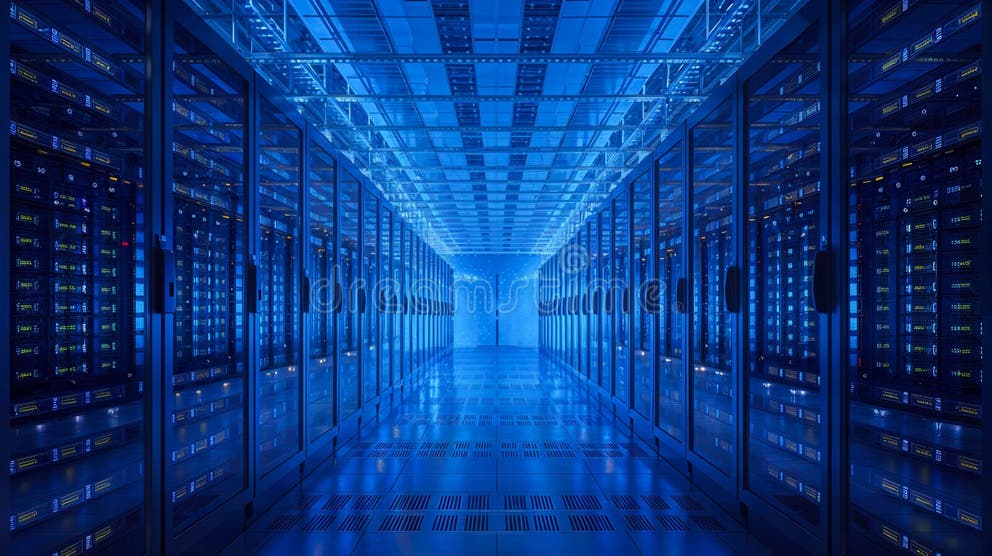 Server Room Corridor with Data Processing Equipment Blinking in Blue ...