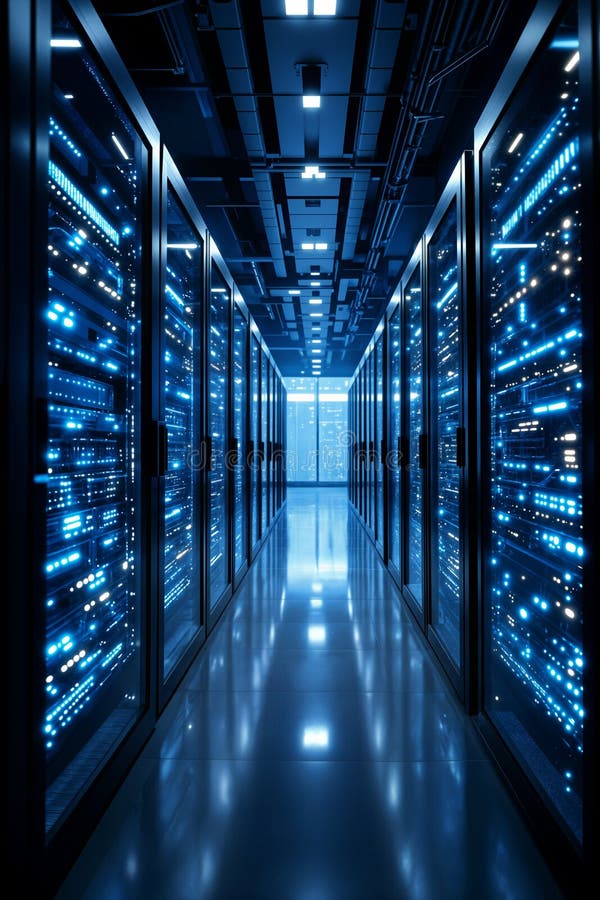 Server Room Corridor with Data Processing Equipment Flashing Lights ...