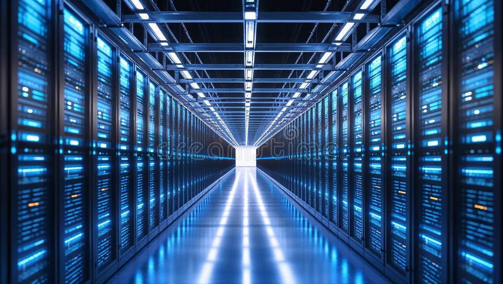 Server Room Corridor with Data Processing Units Operating in Data ...