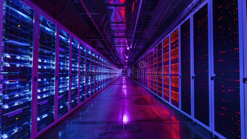 Server Room Corridor with Flashing Led Lights Illuminating Datacenter ...