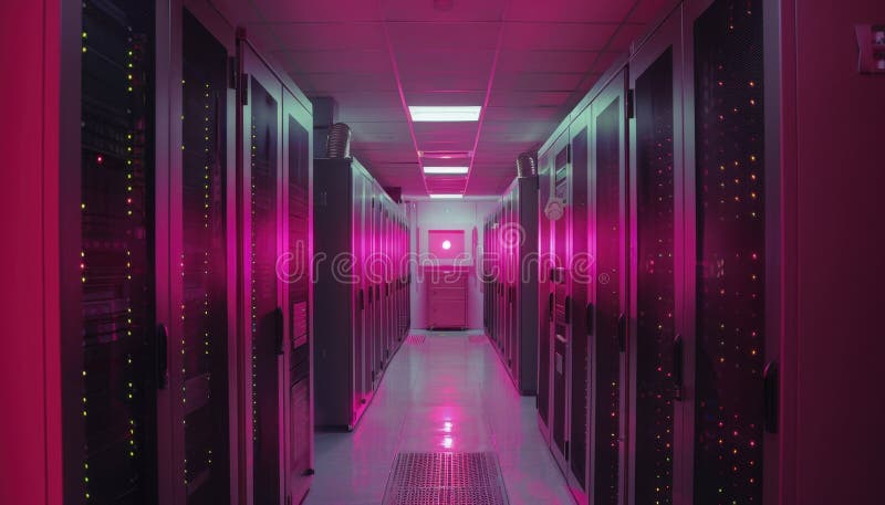 Server Room Corridor Illuminated in Pink Light with Rows of Data ...