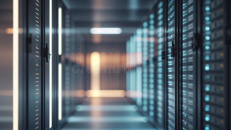 Server Room Corridor with Illuminated Racks Stock Image - Image of ...