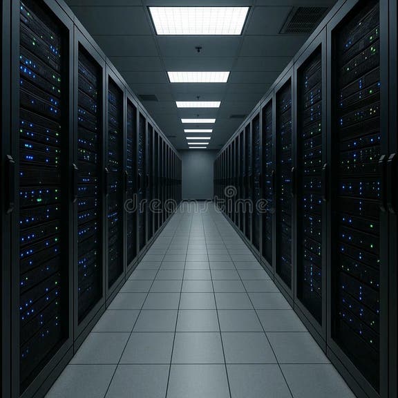 Server Room Corridor: Rows of Data Servers with Blue and Green LED ...