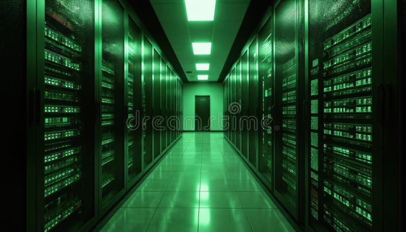 Server Room Corridor with Rows of Glowing Green Computer Racks Filled ...