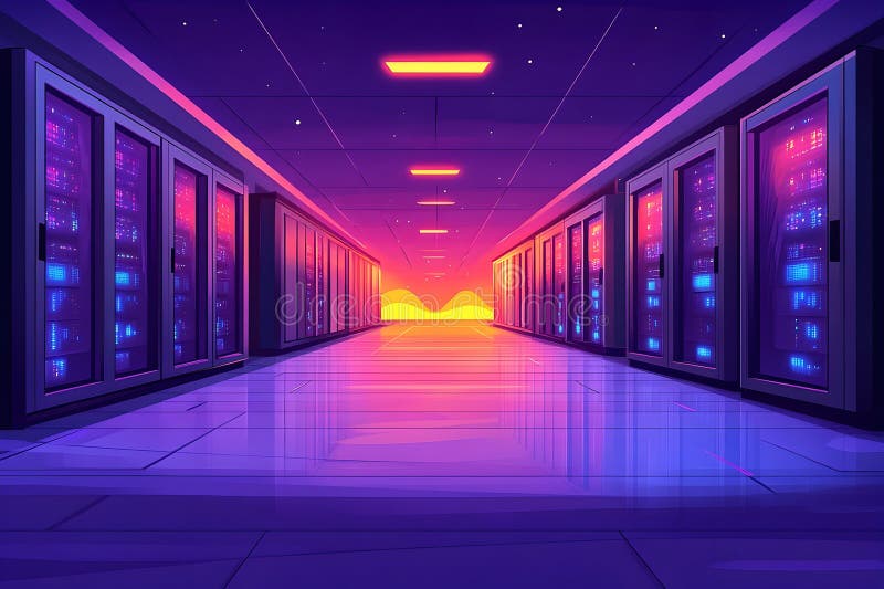 Neon Server Room Sunset stock illustration. Illustration of connections ...