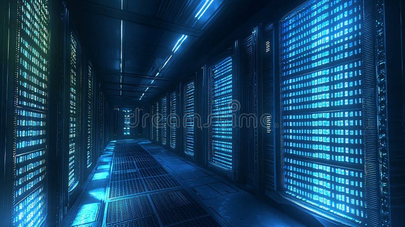 Server Room Corridor Under Blue Lights Stock Illustration ...