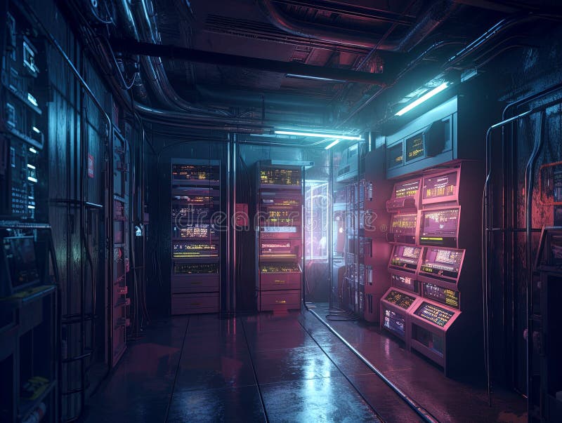 Server Room Cyberpunk Style. Stock Illustration - Illustration of rack ...