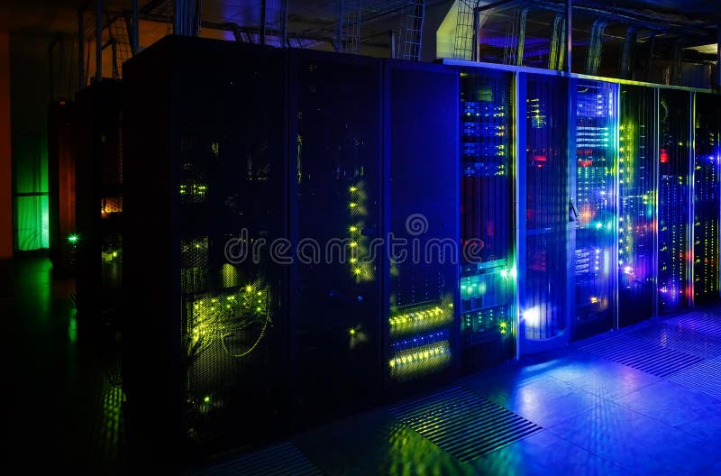 Server Room in the Dark, with Bright Colored Lights Stock Image - Image ...