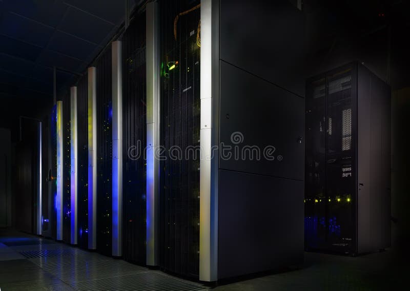 Server Room in Dark, with Bright Colored Lights Motion Stock Photo ...