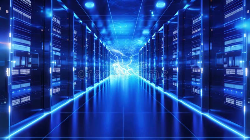 Server Room Data Center with Blue Light Rays 3d Rendering for ...