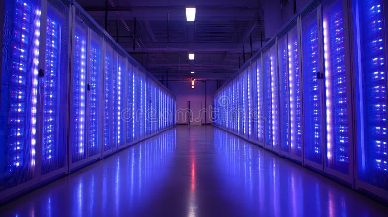 Server Room at Data Center with Blue Light and White Racks Highlighting ...