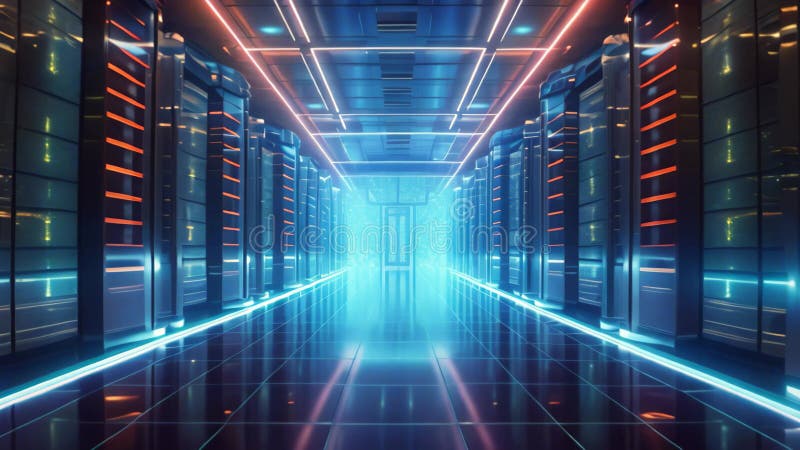 Server Room Data Center Corridor with Bright Glowing Lights. 3D ...