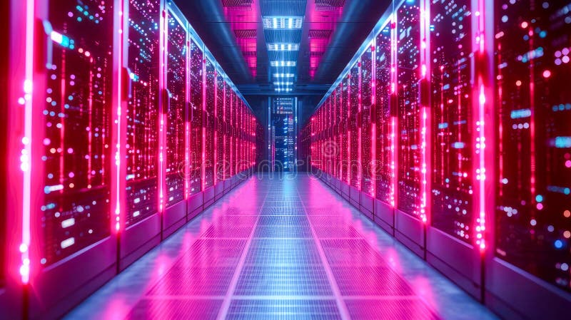 Server Room Data Center Corridor with Glowing Light Stock Illustration ...