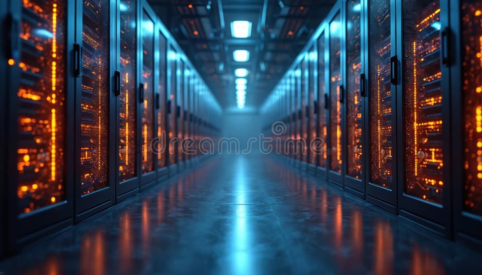 Server Room Data Center with Cyber Data Exchange. Digital Web Networking System, Database ...