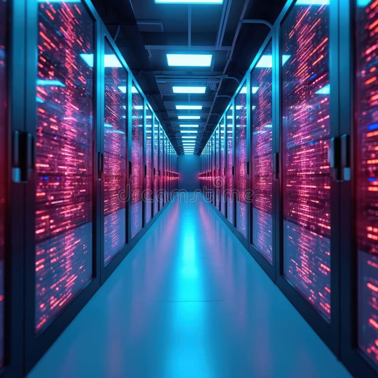 Server Room Data Center Featuring Internet Hardware, Technology. Blue ...