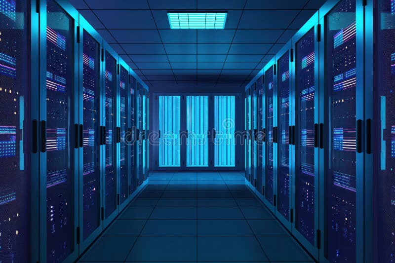 Server Room in Data Center Filled with Rows of Identical Blue-green Servers, Creating Organized ...