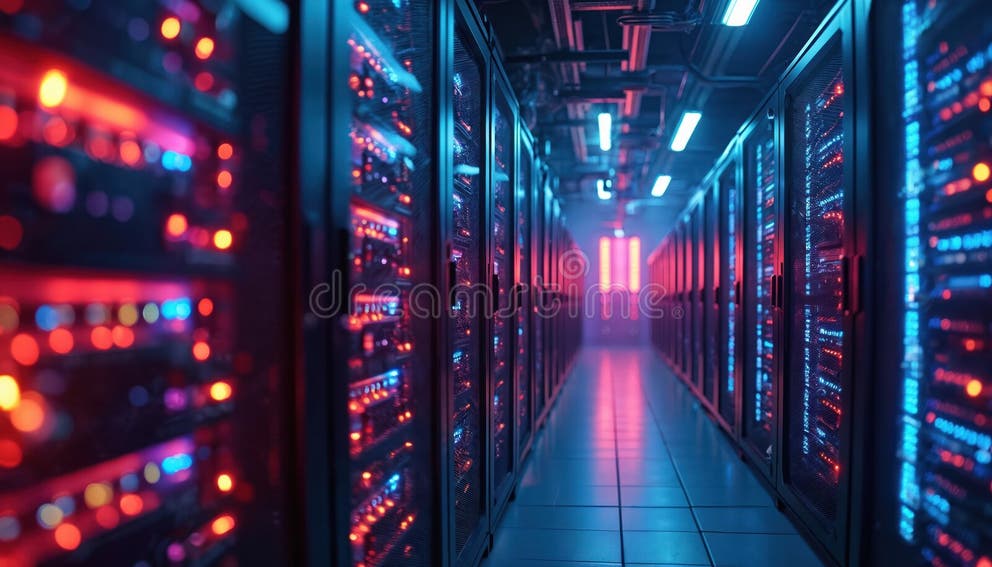 Server Room, Data Center, Full Telecommunication Equipment. Cloud Computing Tech, Network ...