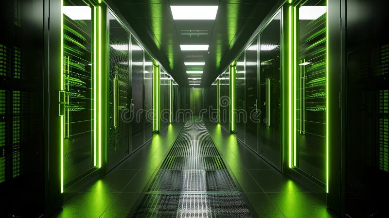 Server Room Data Center with Green Lights: AI, Cloud Computing, Network Servers Stock ...