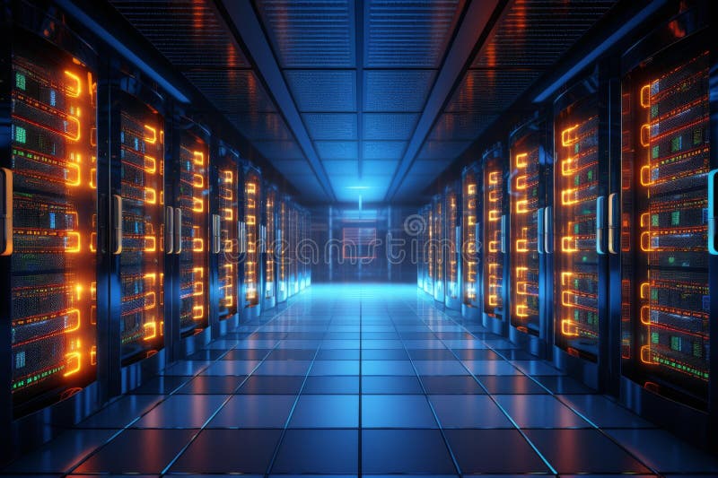 Server Room Data Center Hallway with Bright Lights and Reflections ...