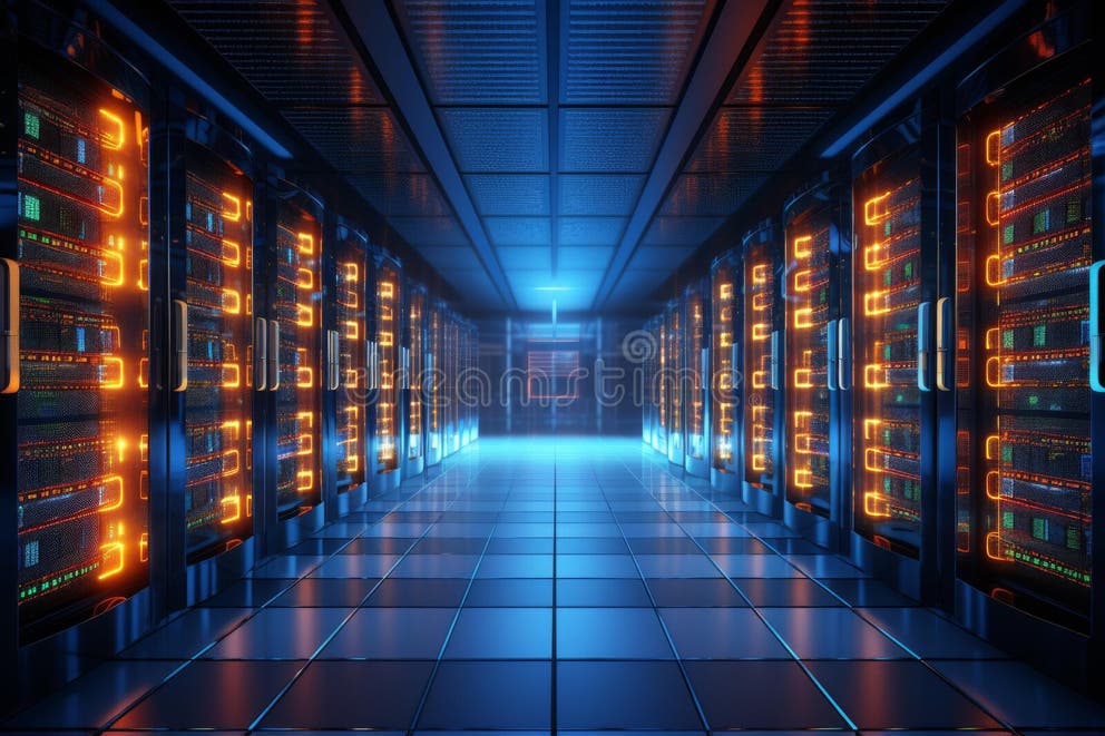 Server Room Data Center Hallway with Bright Lights and Reflections ...