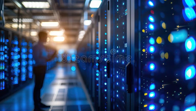 Server Room Data Center Hallway with Rows of Server Racks with Bright ...