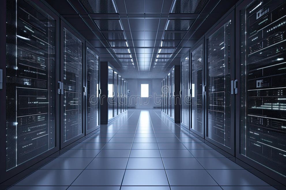 Server Room Data Center Hallway with Rows of Server Racks. 3D Rendering, Realistic Server in ...