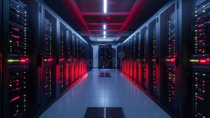 Server Room: Data Center Infrastructure with Lights and Cooling System ...