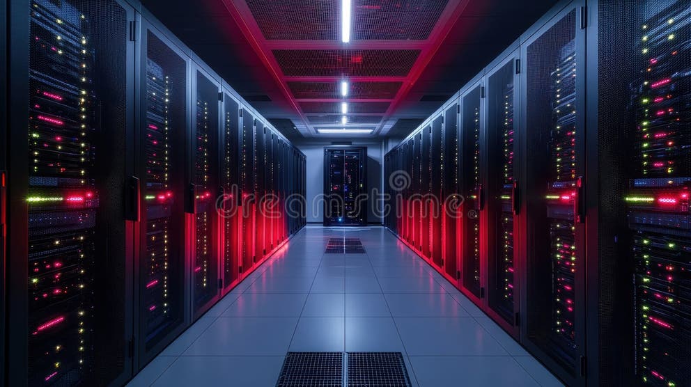 Server Room: Data Center Infrastructure with Lights and Cooling System ...