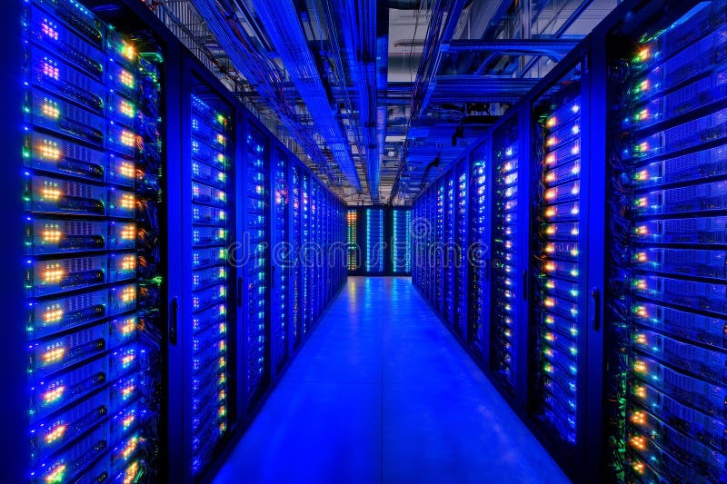 AI Image of Server Room in the Data Center with Blue Lights Stock ...