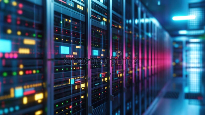 Server Room Data Center with Modern LED Console for Monitoring ...