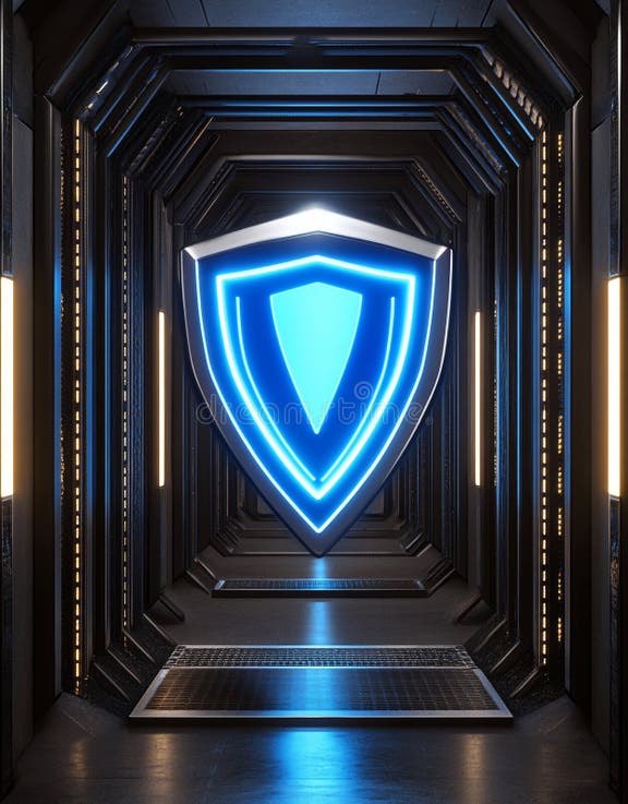 A Server Room in a Data Center Protected by a Glowing Blue Shield ...