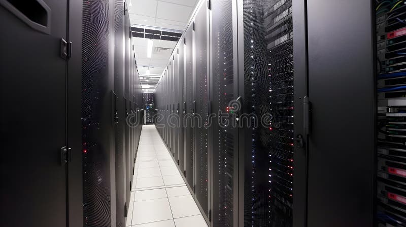 Server Room in Data Center with Racks of Black Servers Stock ...
