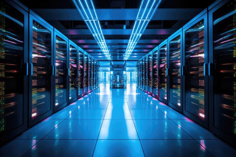 Server Room Data Center with Rows of Server Racks. 3d Rendering, a ...