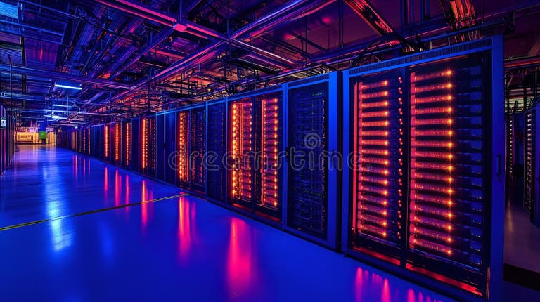 Server Room Data Center with Rows of Server Racks for Digital Data ...