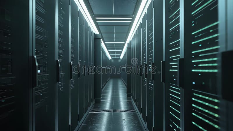 Server Room Data Center Storing Big Data with Futuristic Green Lights ...