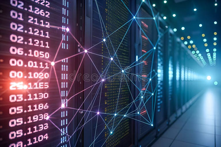 Server Room with Data Center on the Wall and Financial Graph ...