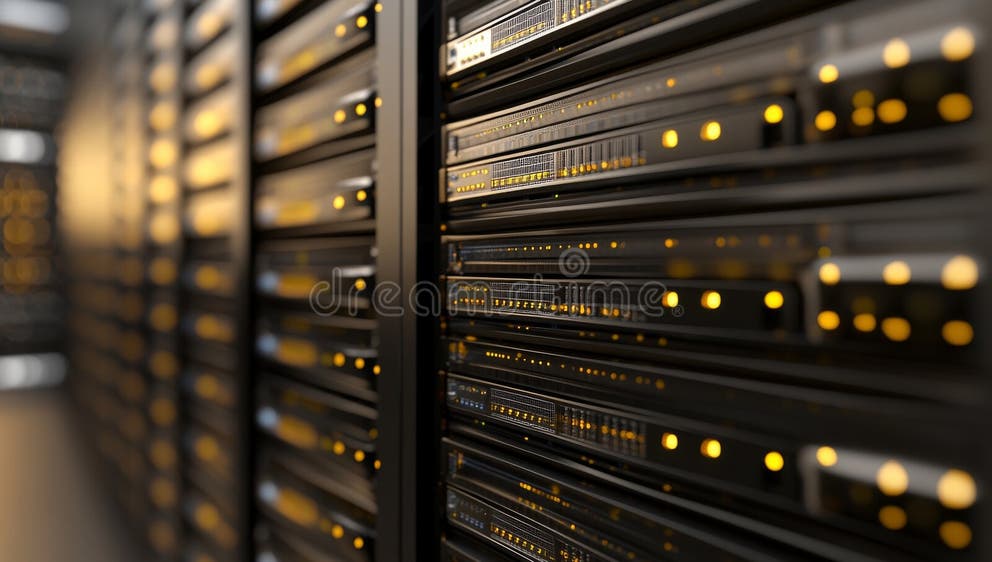 A Server Room Data Centre Features Rows of Server Racks and Networking ...