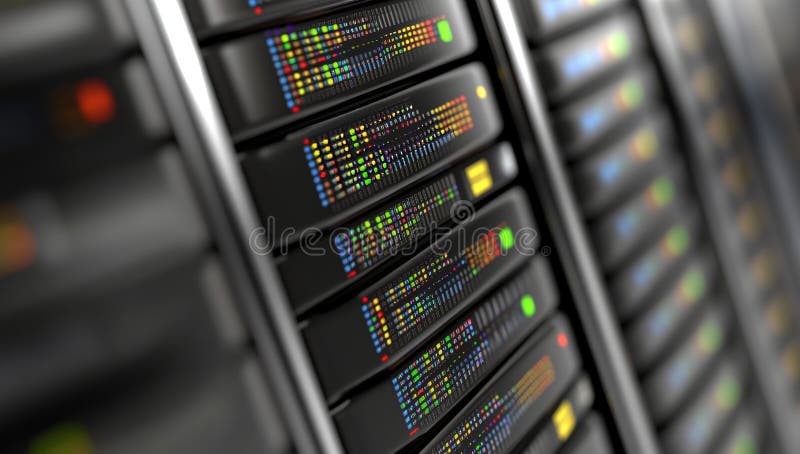 Server Room Data Centre Interior with Server Racks, Long Rows of ...