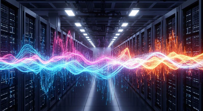 Server Room Data Flow with Digital Waveforms and Rack Systems, Network ...