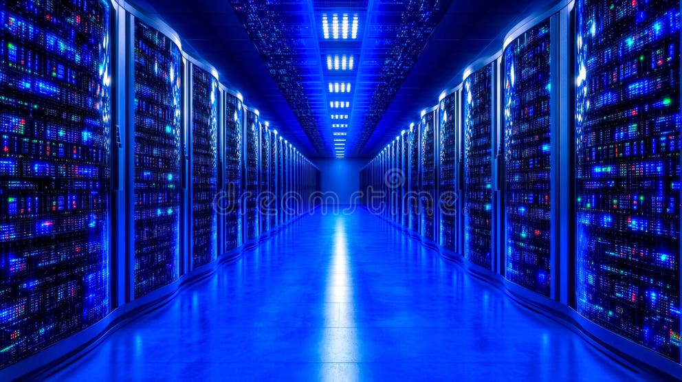 Server Room with Data Processing Equipment Flashing Lights in Data ...