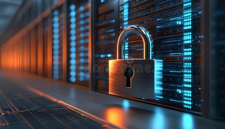 Server Room Data Security with Locked Padlock. Concept Digital Data ...