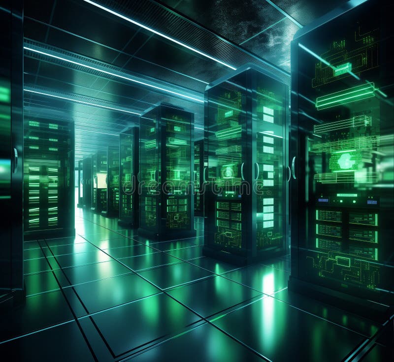 Server Room in Datacenter with Data Servers. Green LED Lights Flashing ...