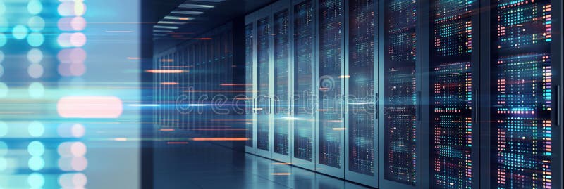 Server Room in Datacenter with Rows of Server Racks and Cable ...