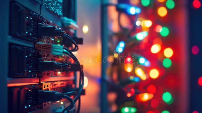 A Server Room Decorated with Holiday Lights, Representing Stock Photo ...