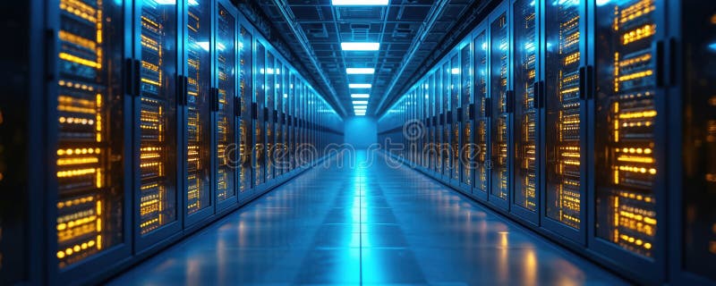 Server Room with Digital Servers, Blue, Yellow Illumination. Network ...