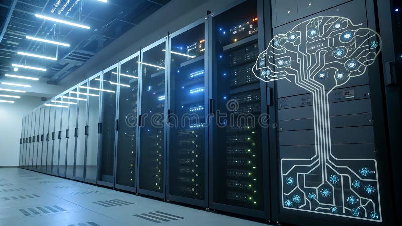 Server Room with Digital Tree Brain Graphic, Data and Technology, Stock ...