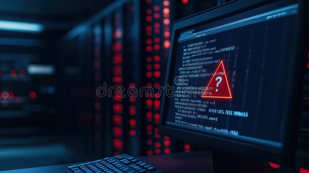 Server Room Dimly Lit. Computer Screen Shows Cybersecurity Alert. Red ...