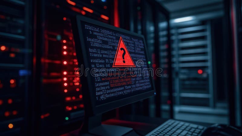 Server Room Displays Cybersecurity Alert. Dimly Lit Server Room with ...